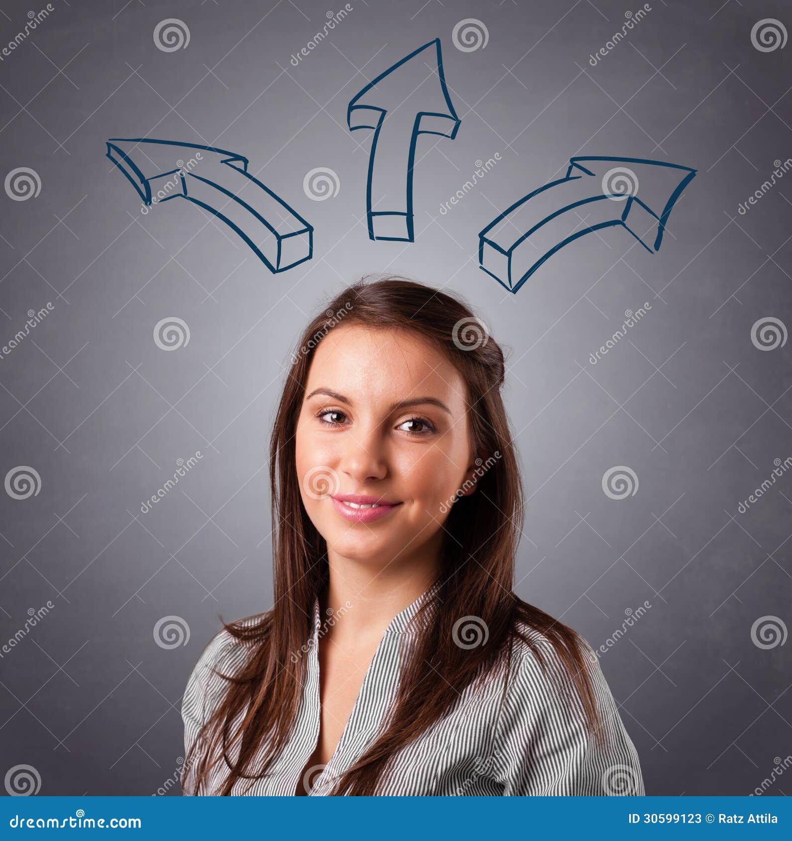 Pretty Lady Thinking with Arrows Overhead Stock Image - Image of line ...