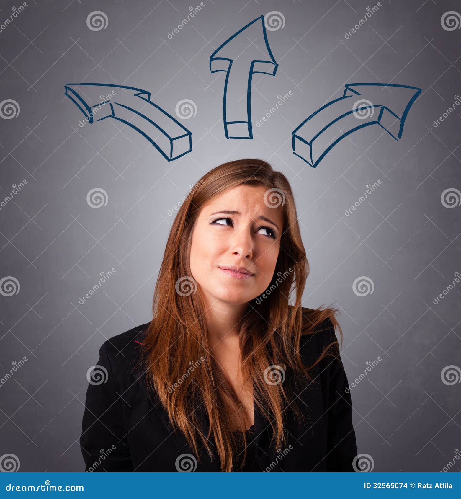 Pretty Lady Thinking with Arrows Overhead Stock Photo - Image of light ...