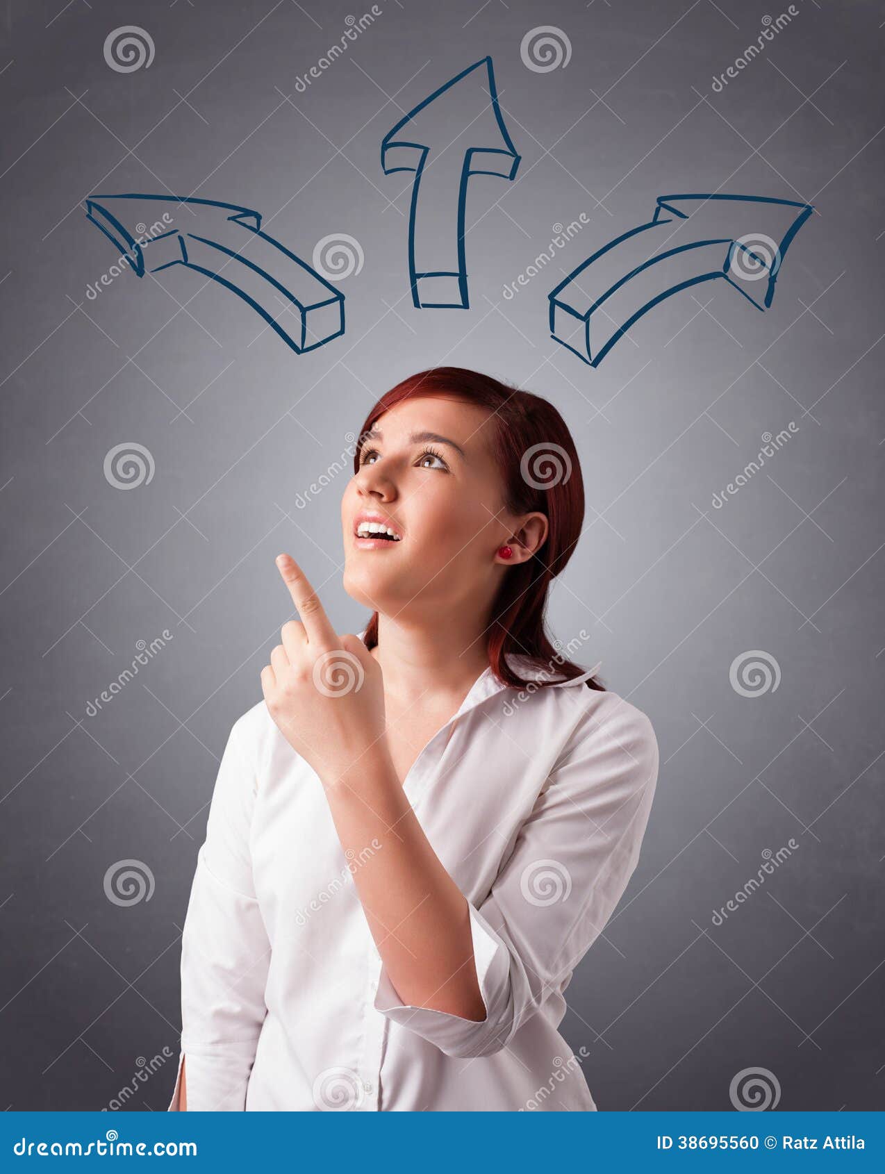 Pretty Lady Thinking with Arrows Overhead Stock Photo - Image of female ...