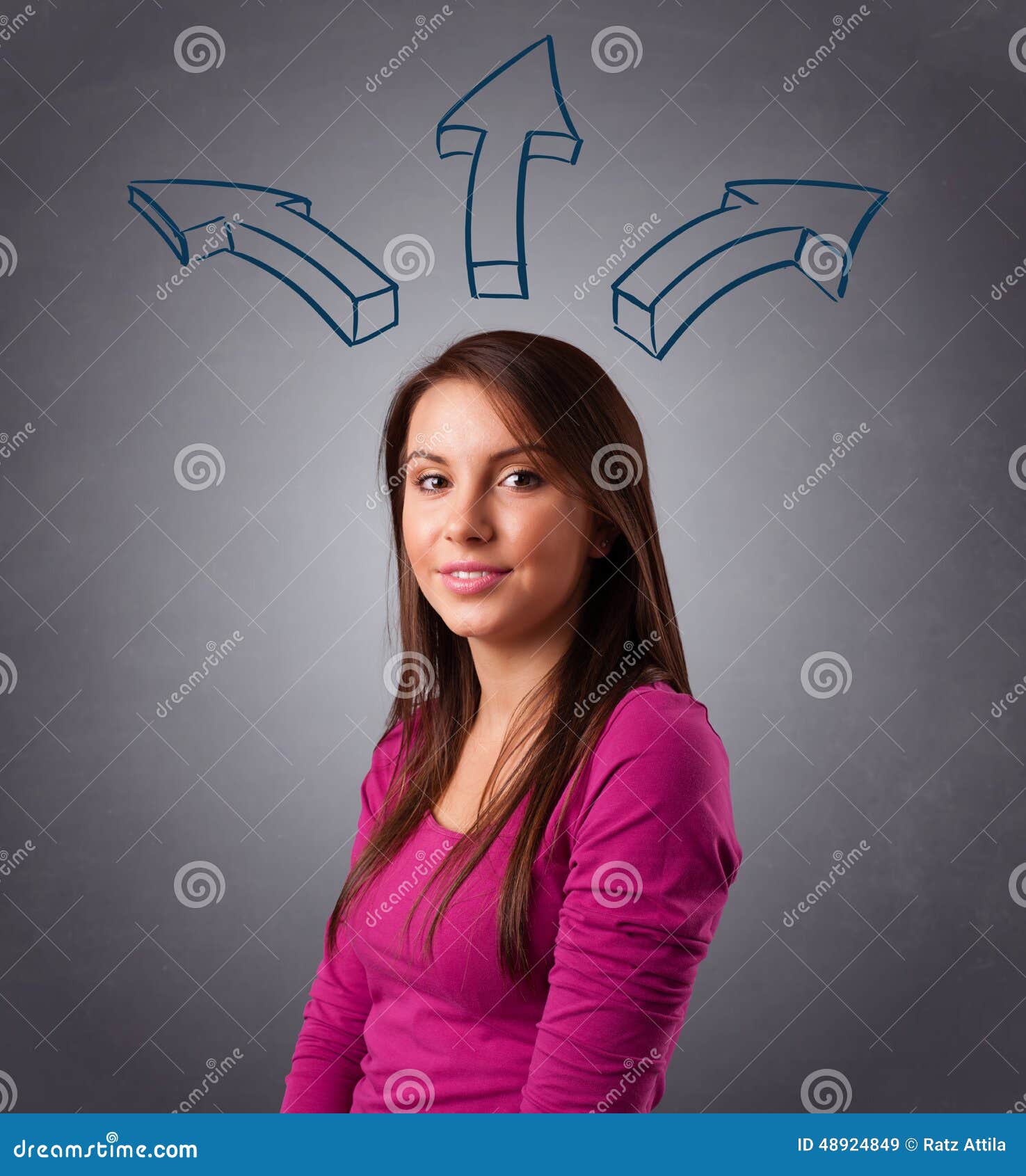 Pretty Lady Thinking with Arrows Overhead Stock Image - Image of ...