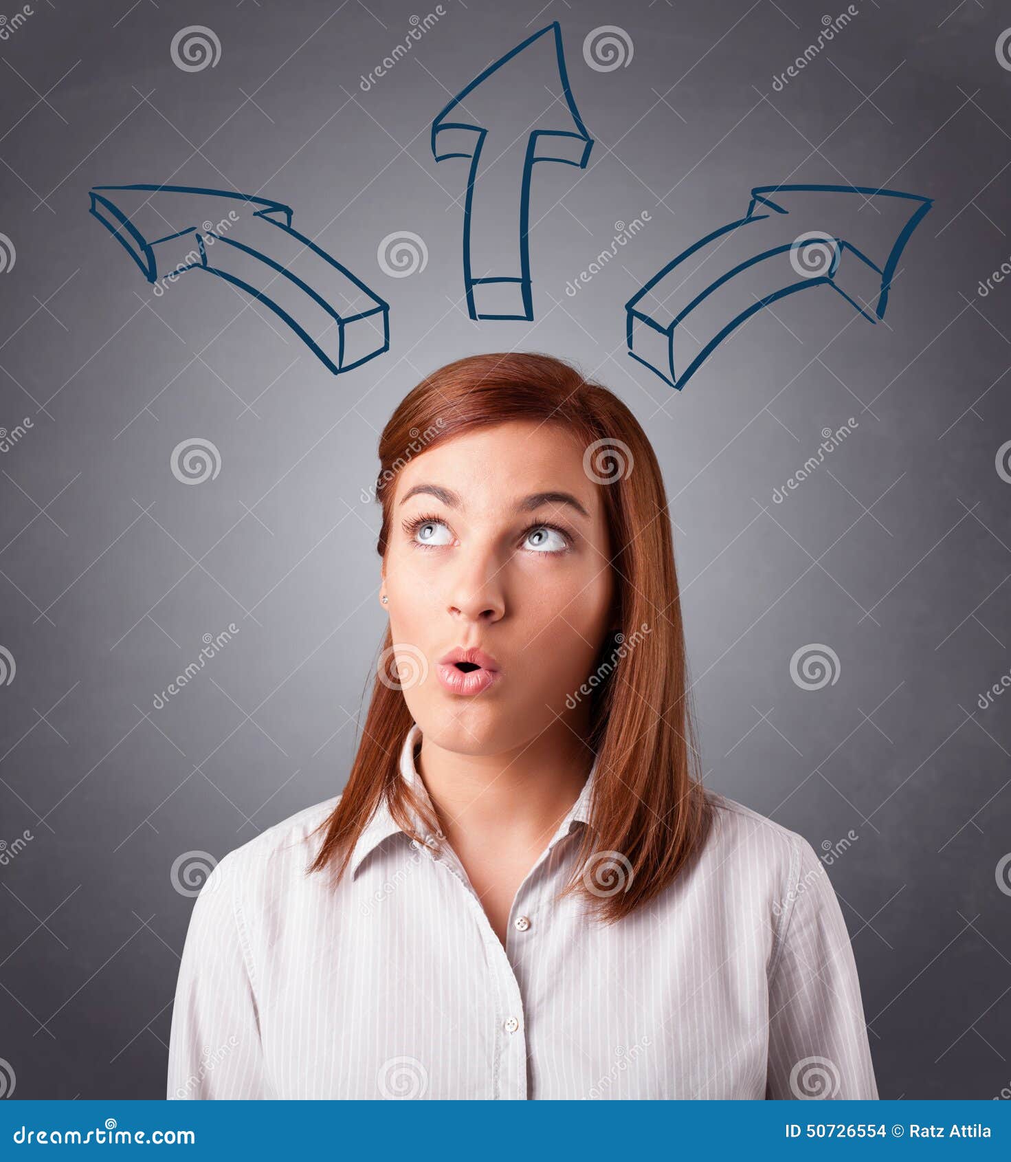 Pretty Lady Thinking with Arrows Overhead Stock Photo - Image of ...
