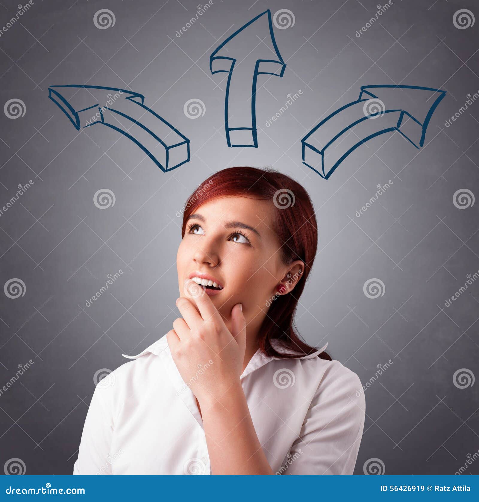 Pretty Lady Thinking with Arrows Overhead Stock Image - Image of ...