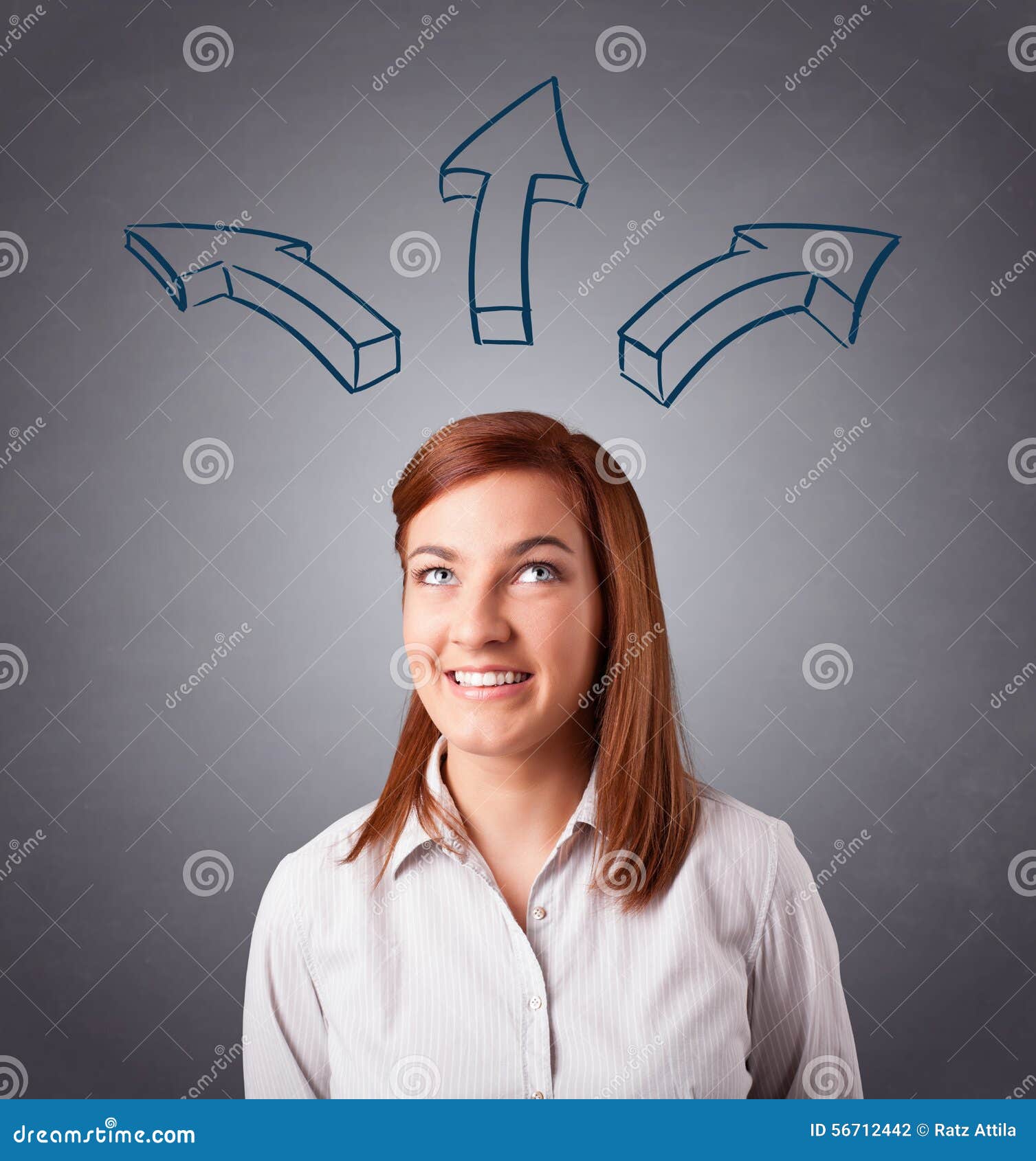 Pretty Lady Thinking with Arrows Overhead Stock Photo - Image of mind ...