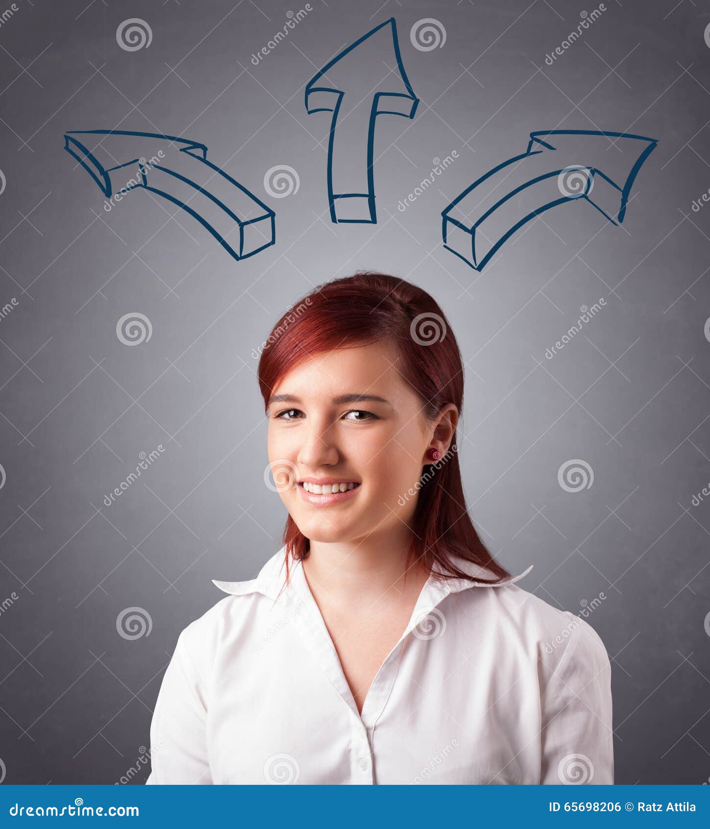 Pretty Lady Thinking with Arrows Overhead Stock Photo - Image of ...