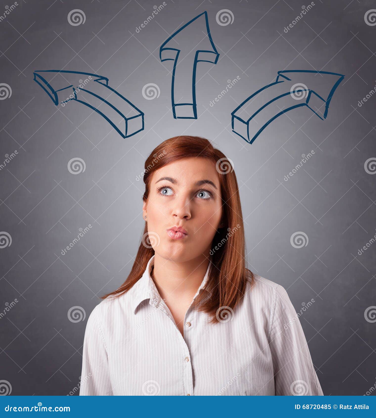Pretty Lady Thinking with Arrows Overhead Stock Image - Image of draw ...