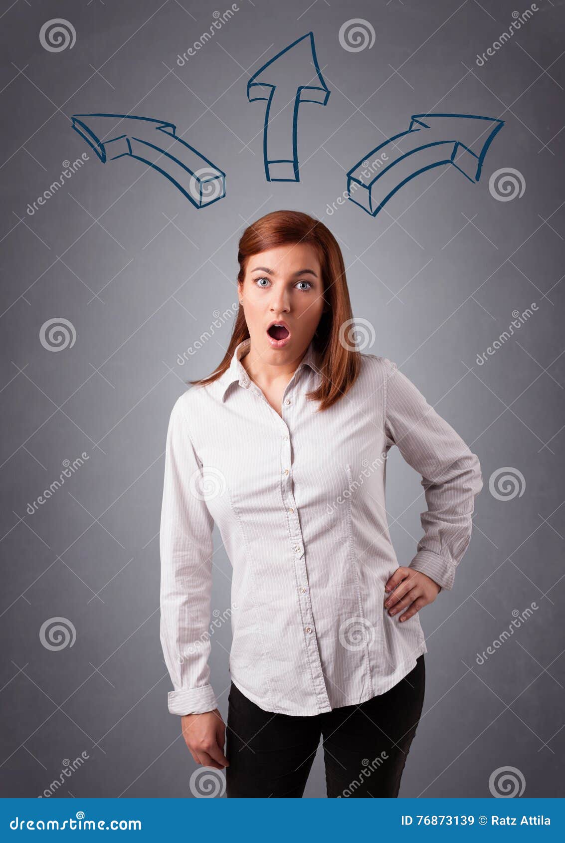 Pretty Lady Thinking with Arrows Overhead Stock Image - Image of lady ...