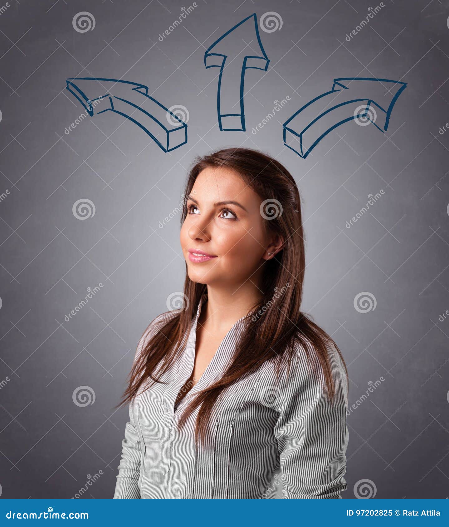 Pretty Lady Thinking with Arrows Overhead Stock Image - Image of cute ...