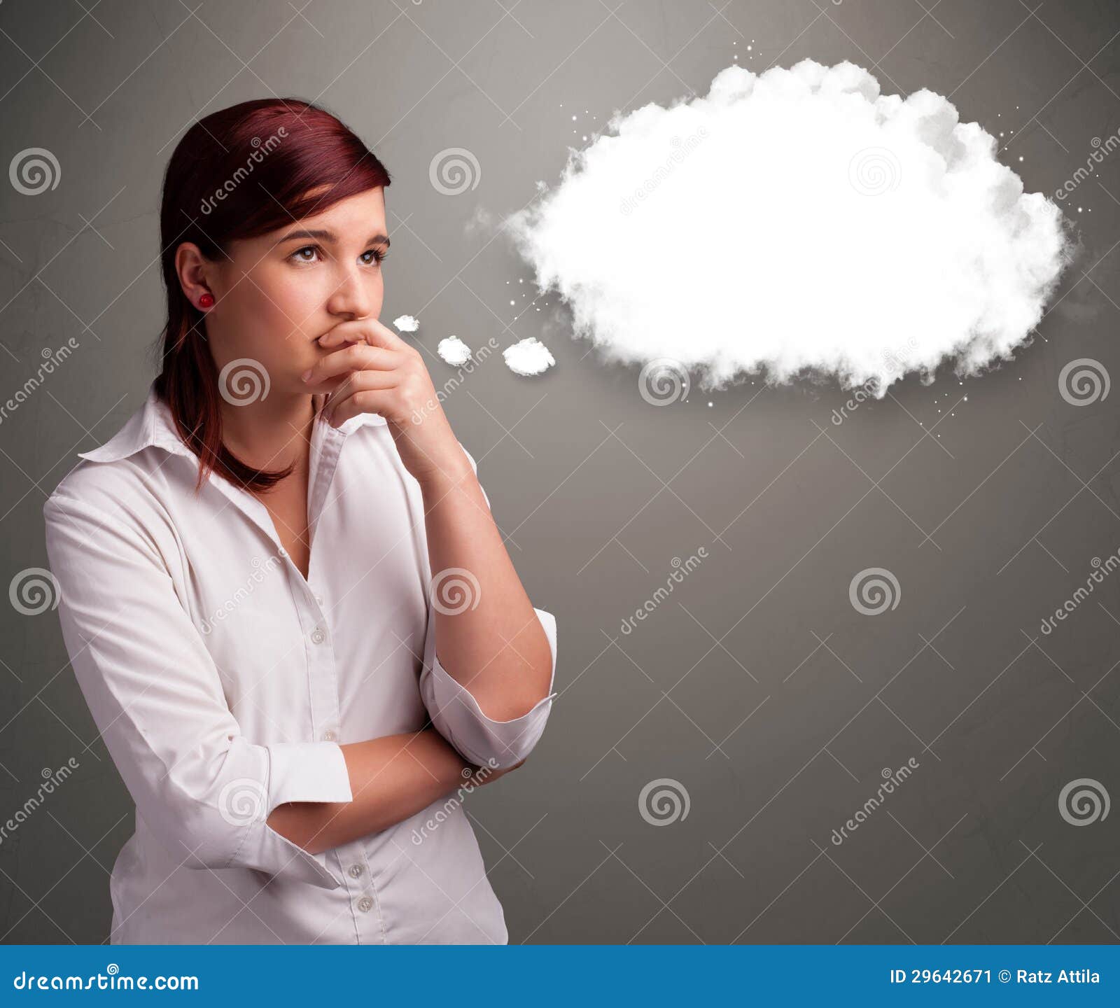 Pretty Lady Thinking about Cloud Speech or Thought Bubble with C Stock ...