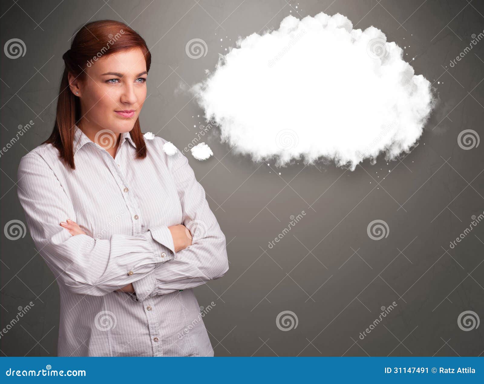 Pretty Lady Thinking about Cloud Speech or Thought Bubble with C Stock ...