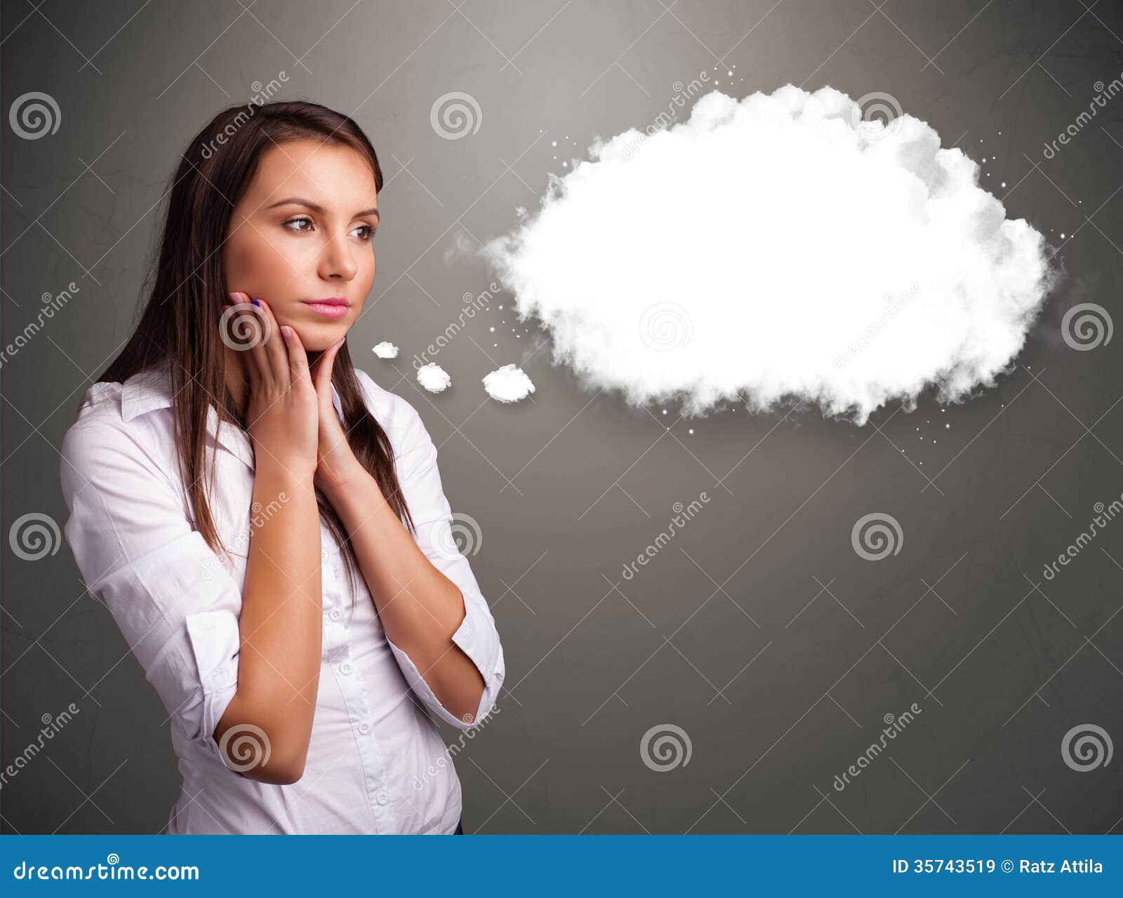Pretty Lady Thinking about Cloud Speech or Thought Bubble with C Stock ...