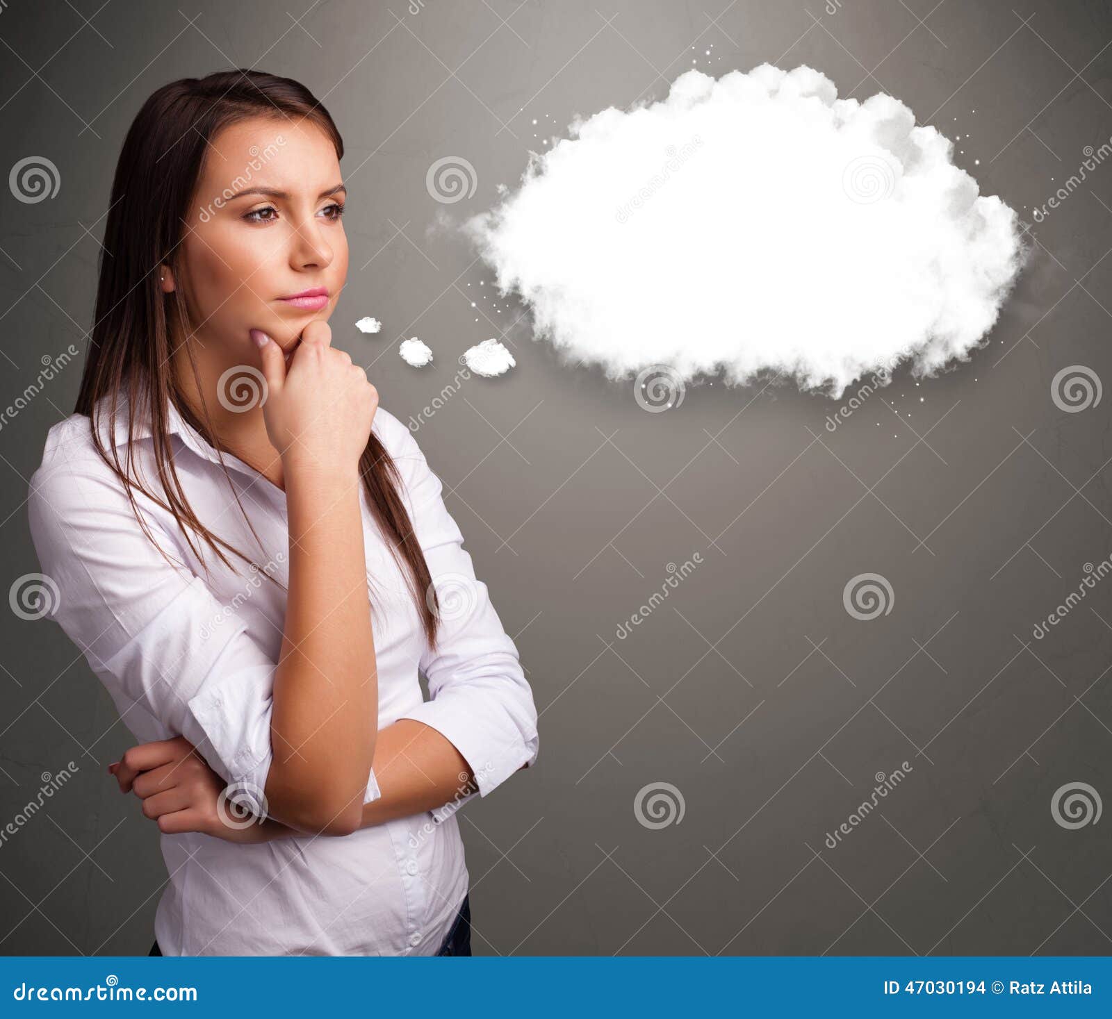 Pretty Lady Thinking about Cloud Speech or Thought Bubble with C Stock ...