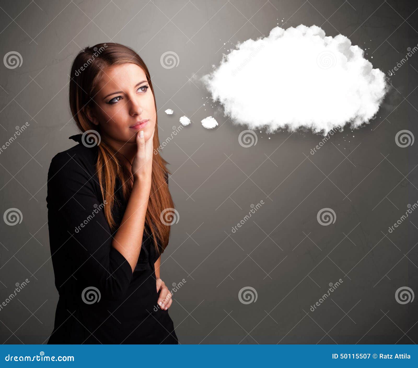Pretty Lady Thinking about Cloud Speech or Thought Bubble with C Stock ...