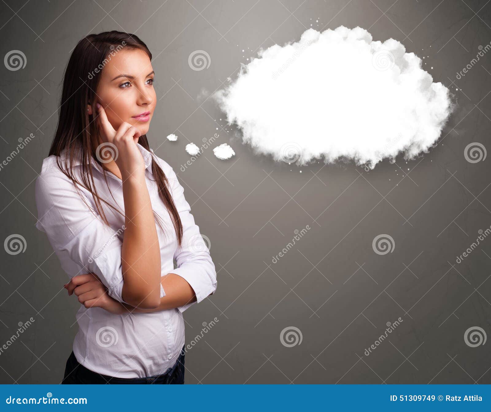 Pretty Lady Thinking about Cloud Speech or Thought Bubble with C Stock ...