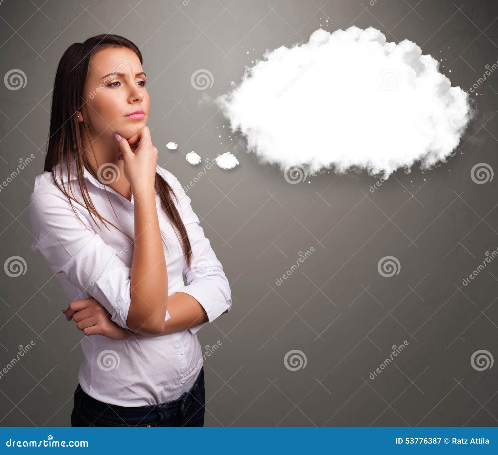 Pretty Lady Thinking about Cloud Speech or Thought Bubble with C Stock ...