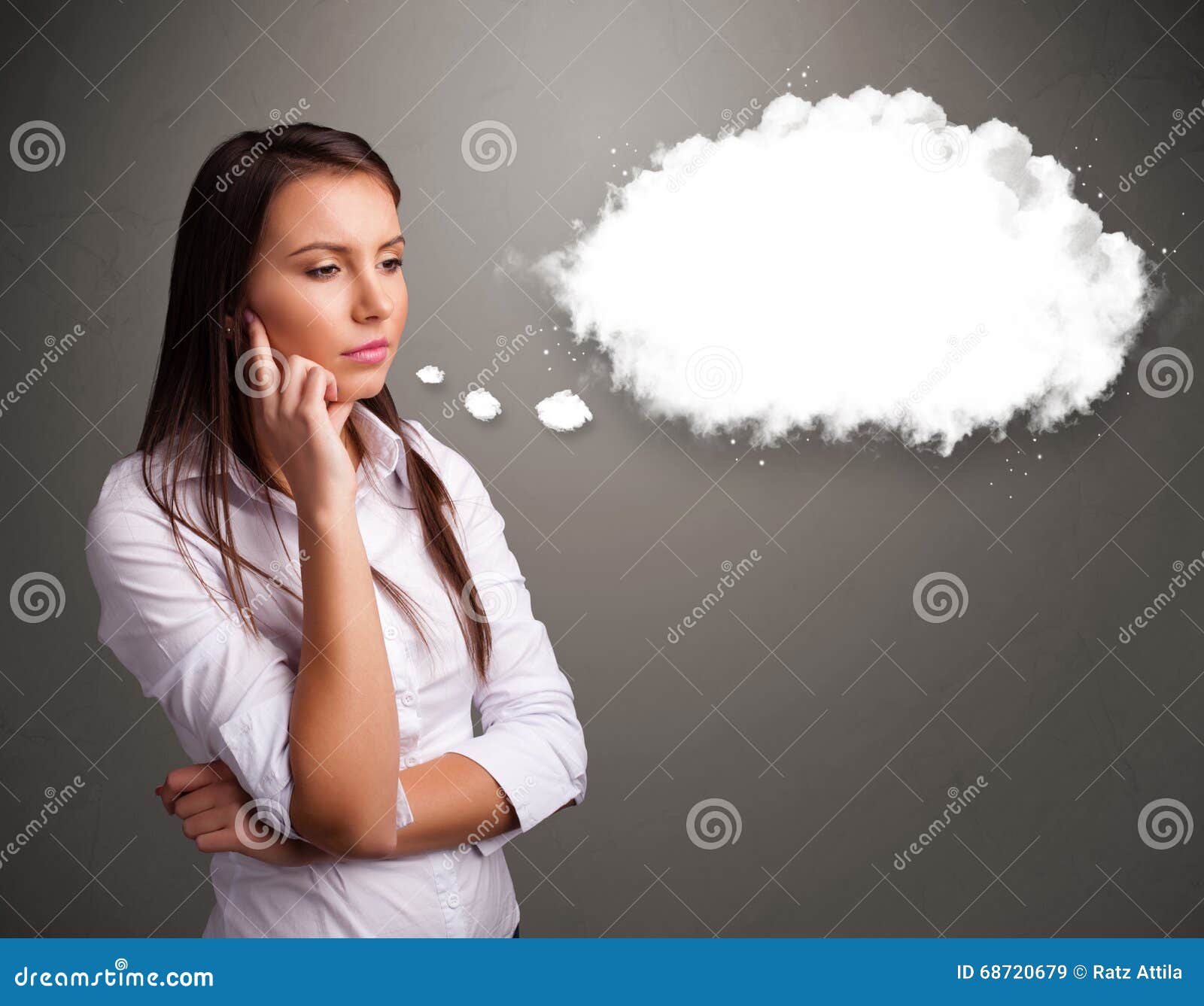 Pretty Lady Thinking about Cloud Speech or Thought Bubble with C Stock ...