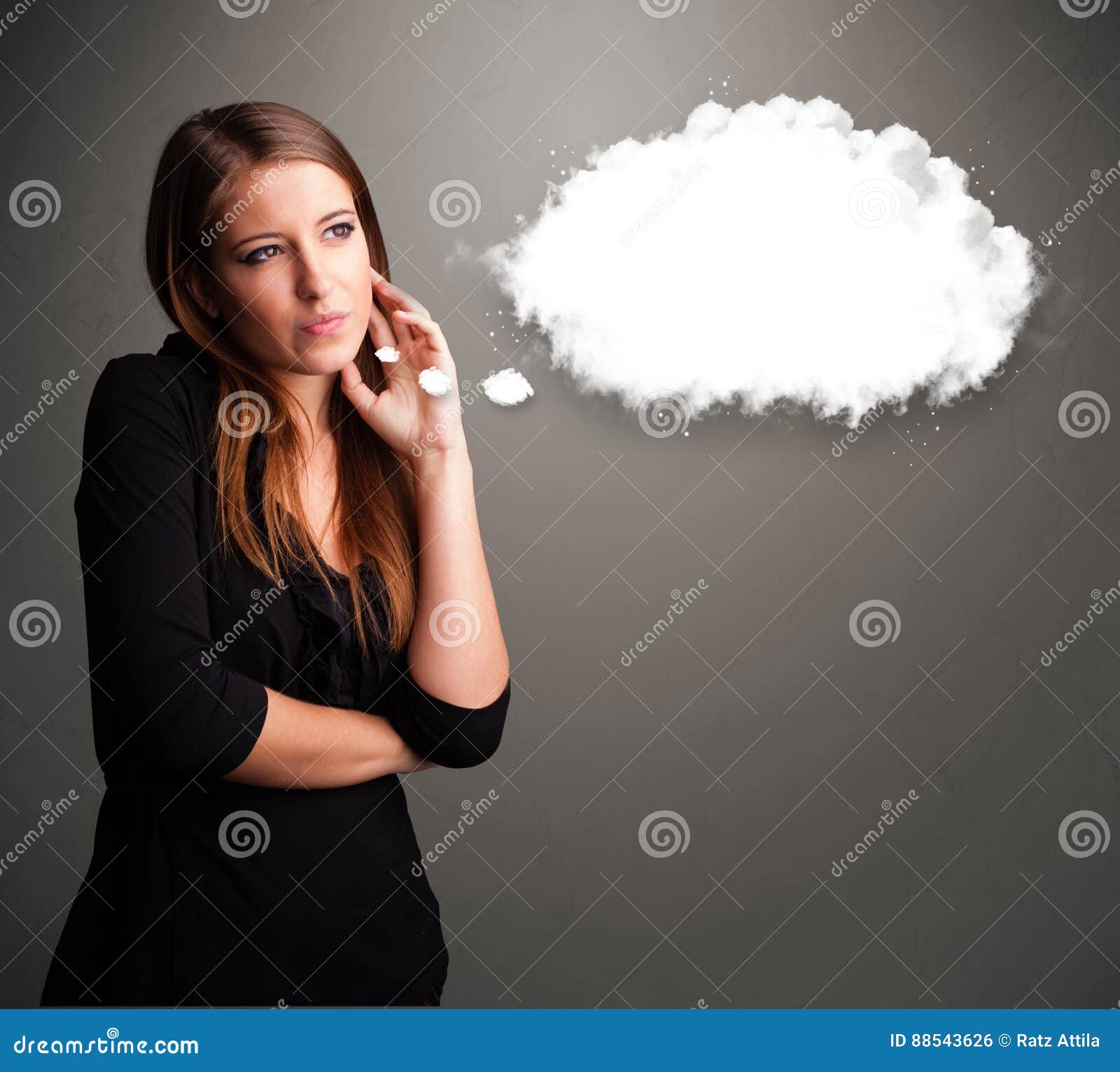 Pretty Lady Thinking about Cloud Speech or Thought Bubble with C Stock ...