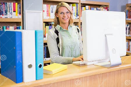 Pretty Librarian Working in the Library Stock Photo - Image of cheerful ...