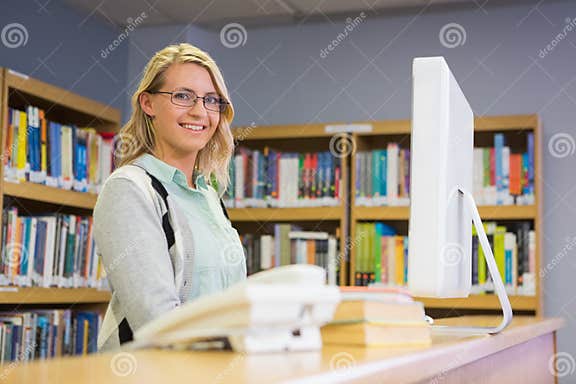 Pretty Librarian Working in the Library Stock Image - Image of smiling ...