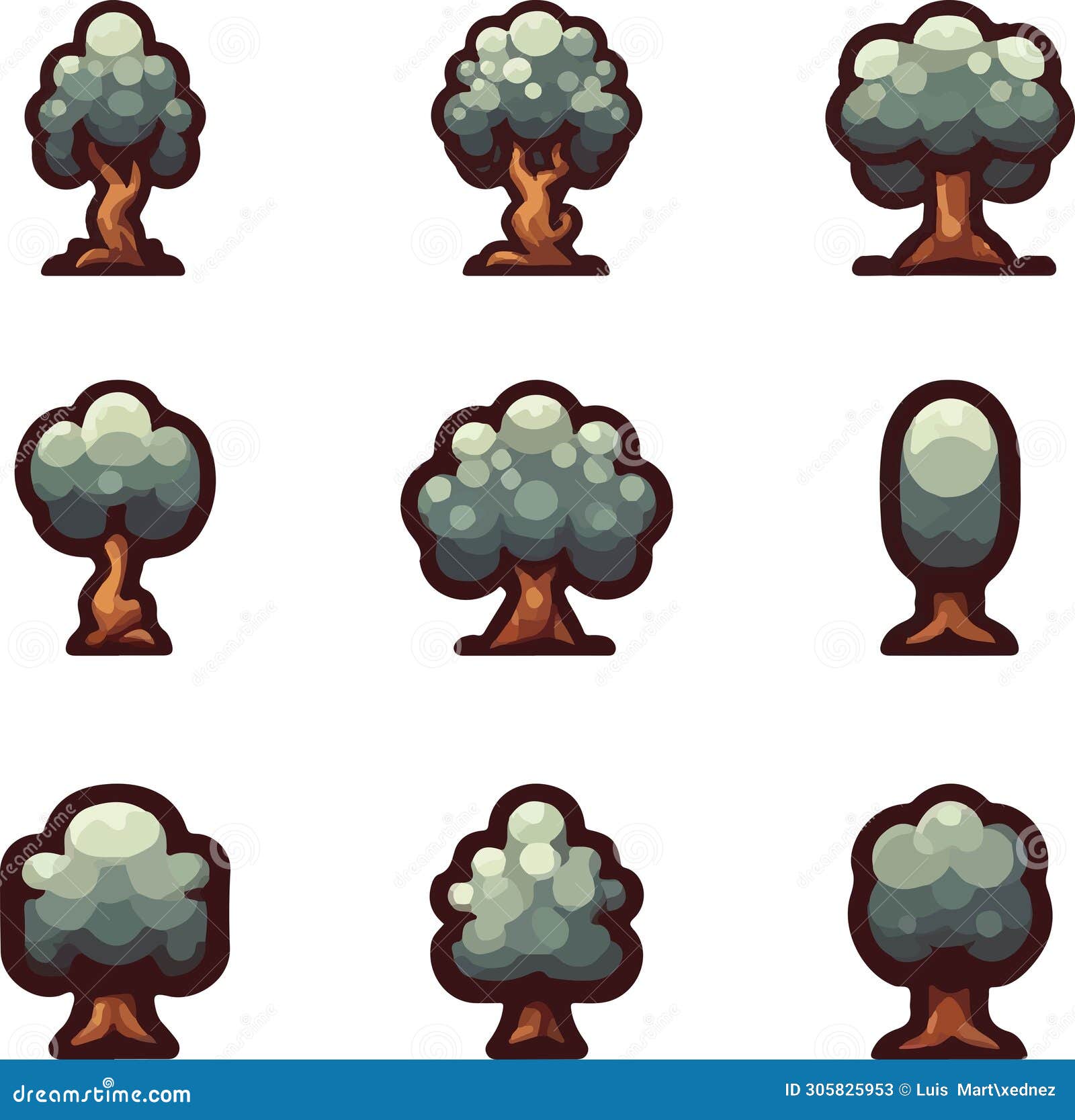 Pretty and Lovely Game Items Trees Vector Set Stock Illustration ...