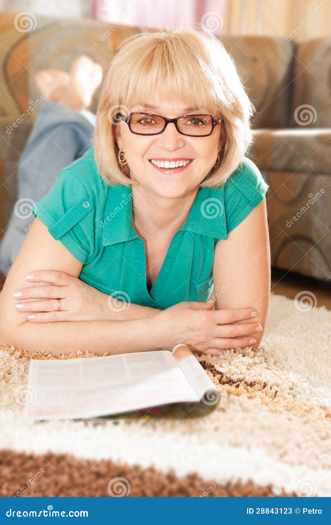 Pretty Mature Lady Reading Magazine on Carpet Stock Image - Image of ...