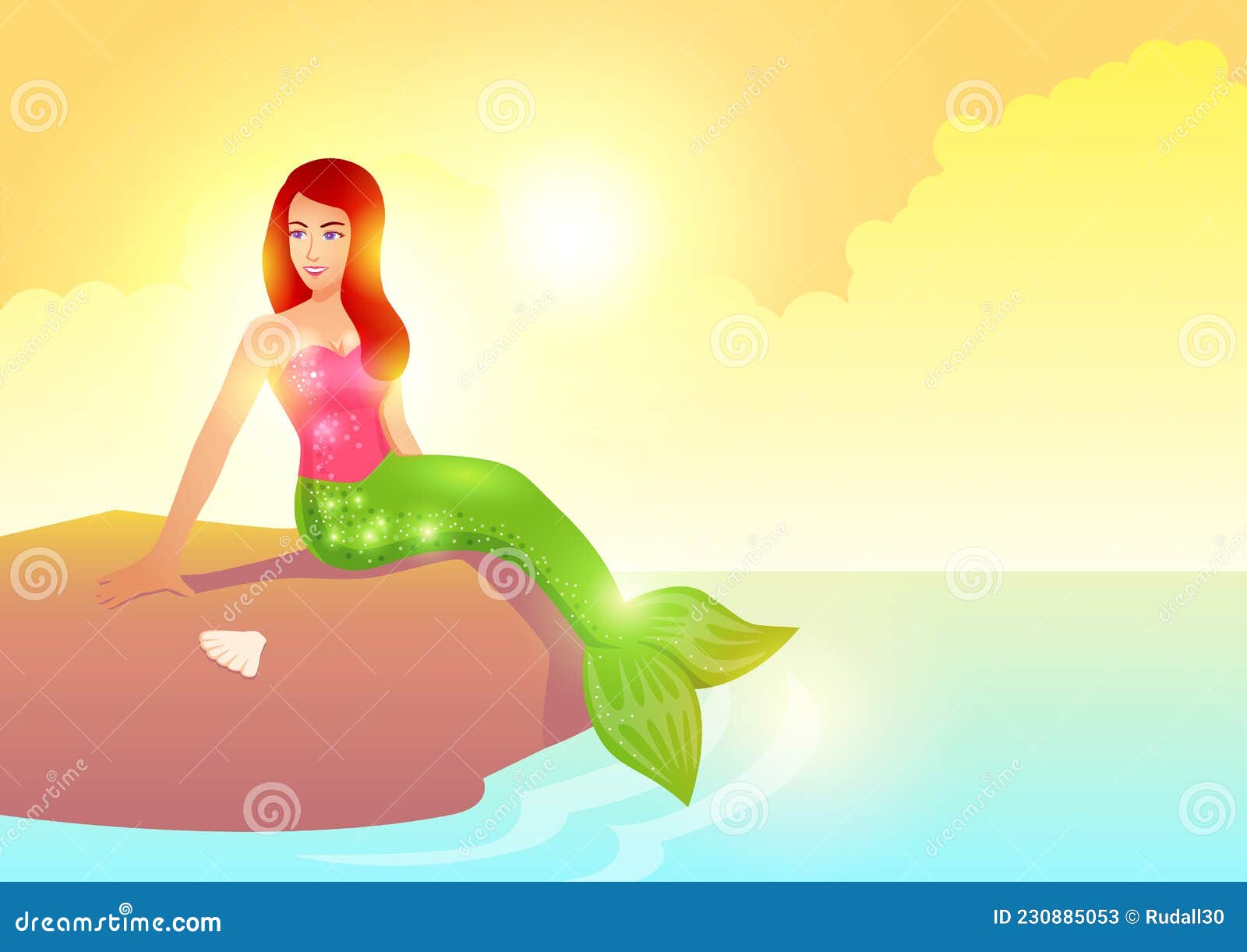 Pretty Mermaid With Curly Cyan Hair And Shiny Cyan Fish Tail And ...