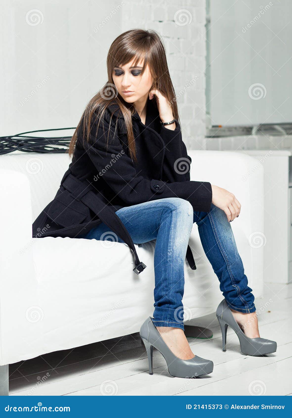 Pretty Model in a Black Coat Stock Image - Image of posing, lovely ...