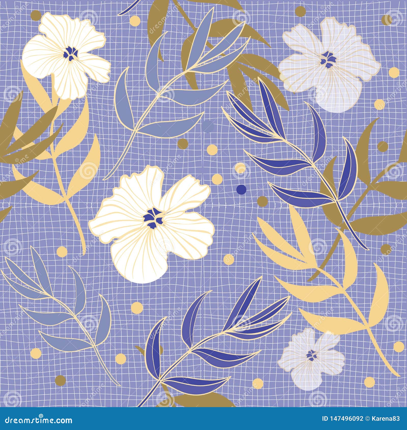 Pretty Periwinkle Blue and Gold Floral Repeat Print Pattern in Vector ...