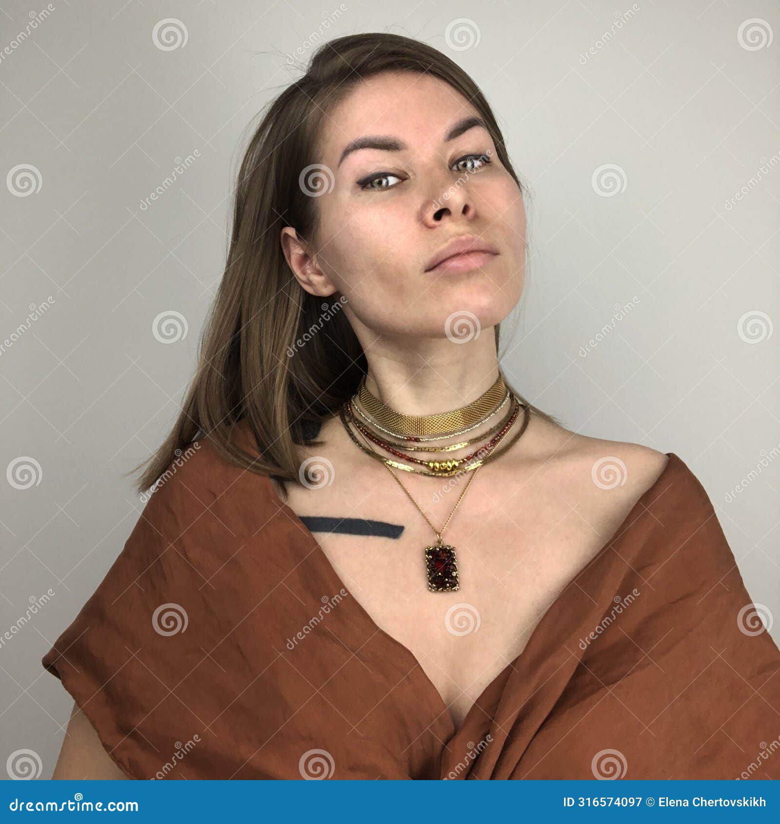 Pretty Petite Brunette in a Blouse and Necklace Stock Image - Image of ...