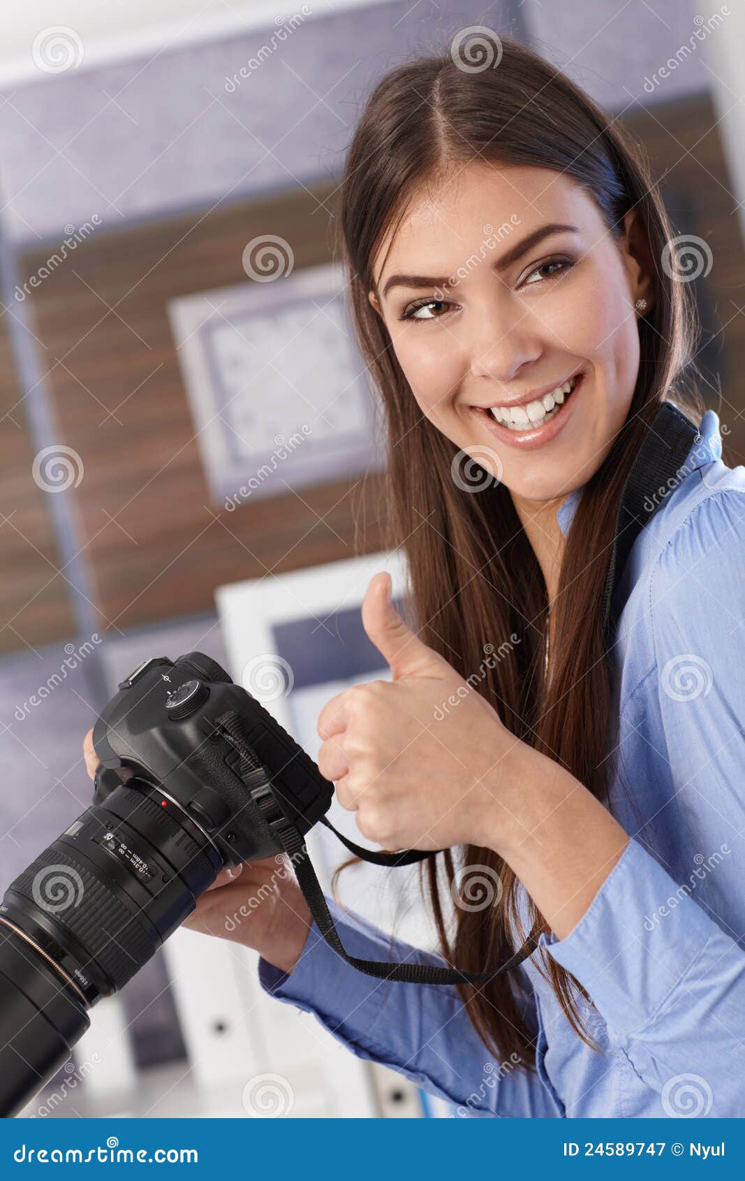 Pretty Photographer Giving Thumb Up Stock Image - Image of okay ...