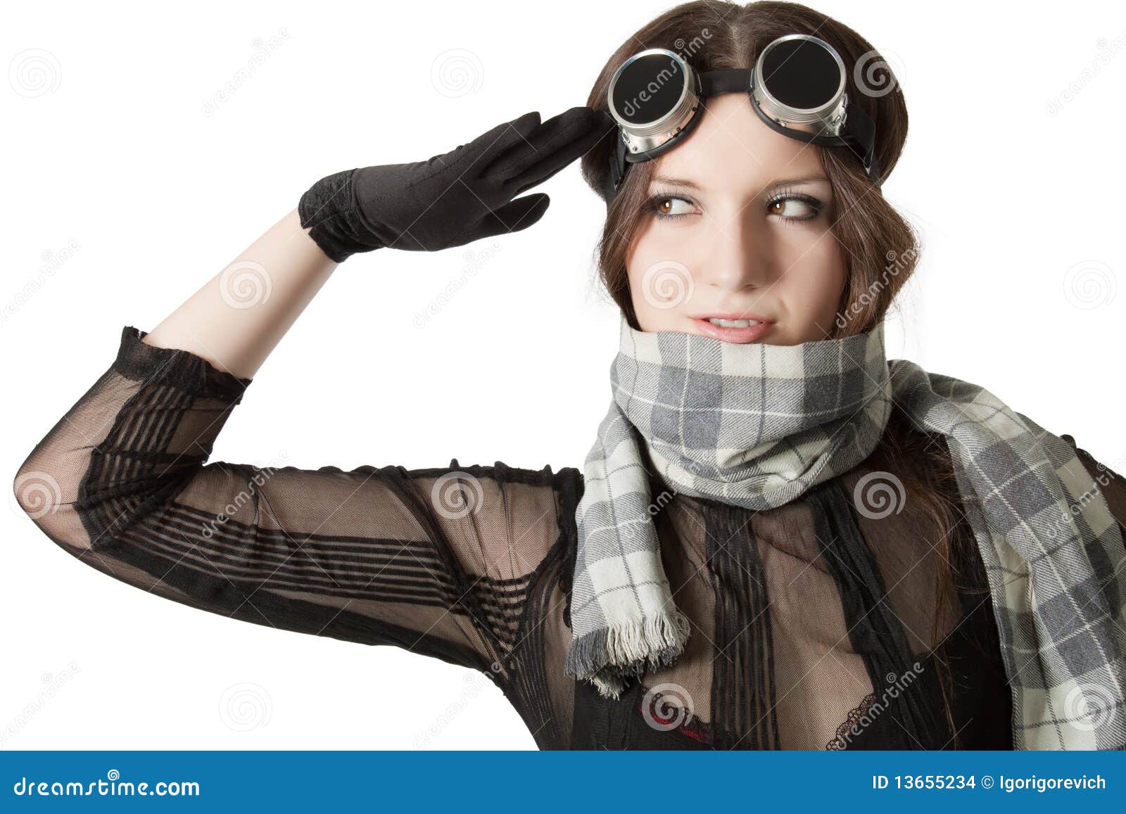 Pretty Pilot in Scarf Saluting Over White Stock Photo - Image of black ...