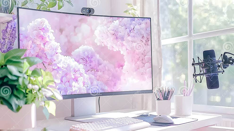 Pretty Pink Hydrangea Flowers on Computer Screen Home Office Setup AI ...