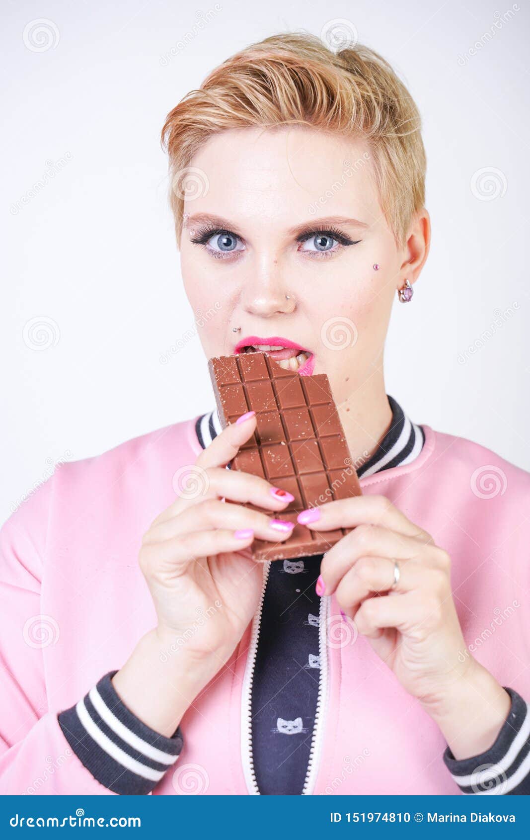 Pretty Plus Size Adult Girl With Short Hair Love Chocolate Cheerful