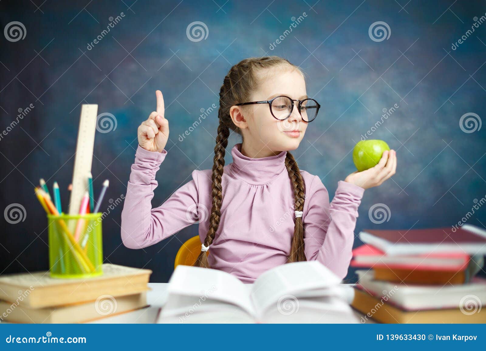 Pretty Primary Student Girl Get Idea Do Homework Stock Photo - Image of ...