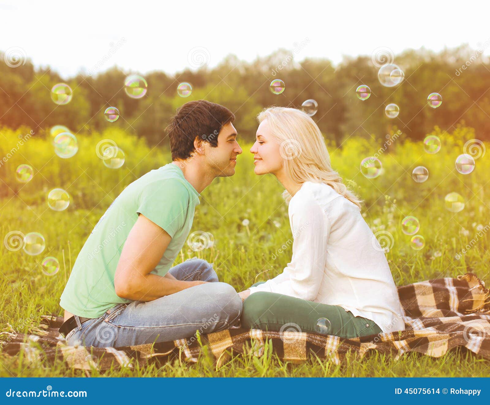 Pretty Romantic Couple in Love Having Fun Soap Bubbles Stock Photo ...