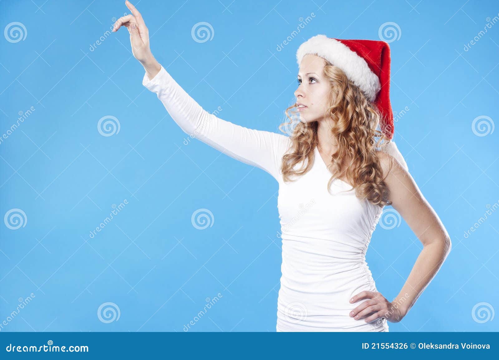 Pretty Santa Girl Pointing on Empty Space Stock Photo - Image of ...