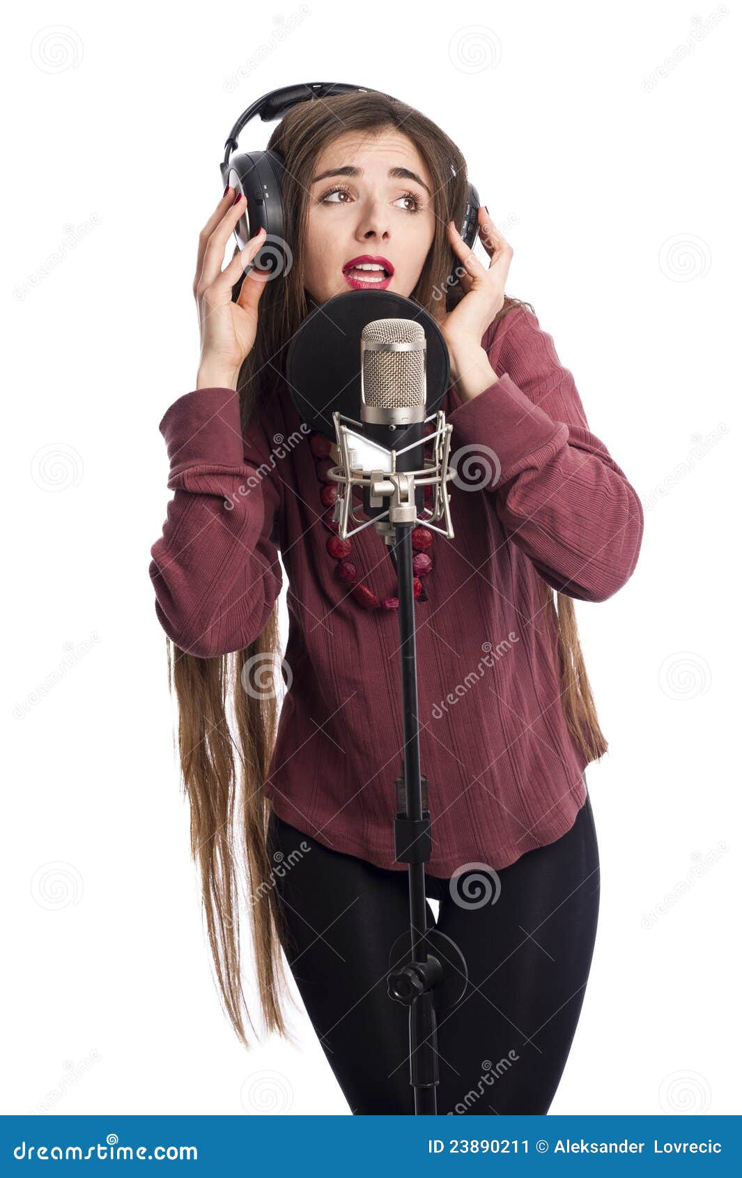 Pretty Singing Girl with Microphone on Stand Stock Image - Image of ...