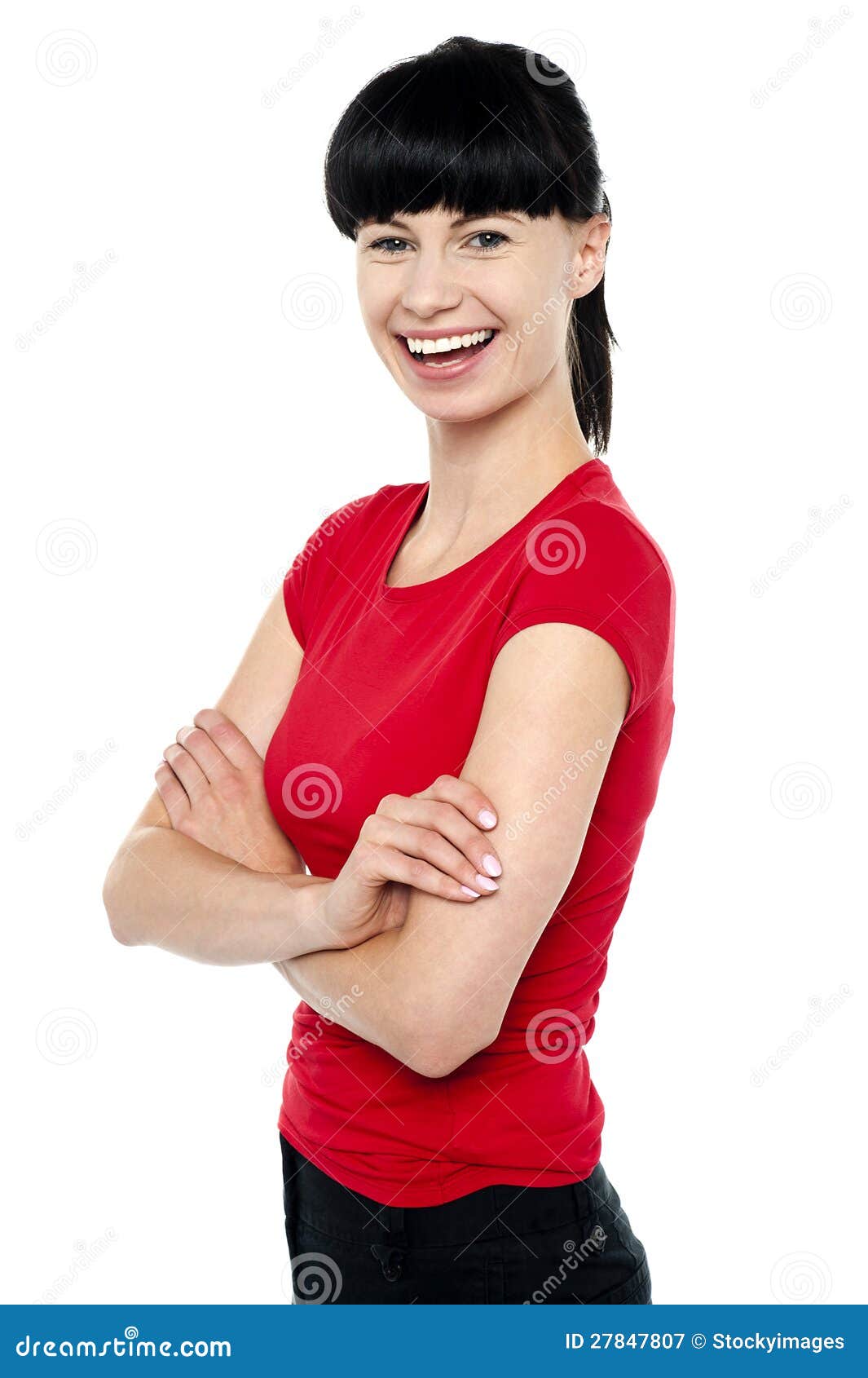 Pretty Slim Lady in Bright Red Top, Arms Folded Stock Image - Image of ...