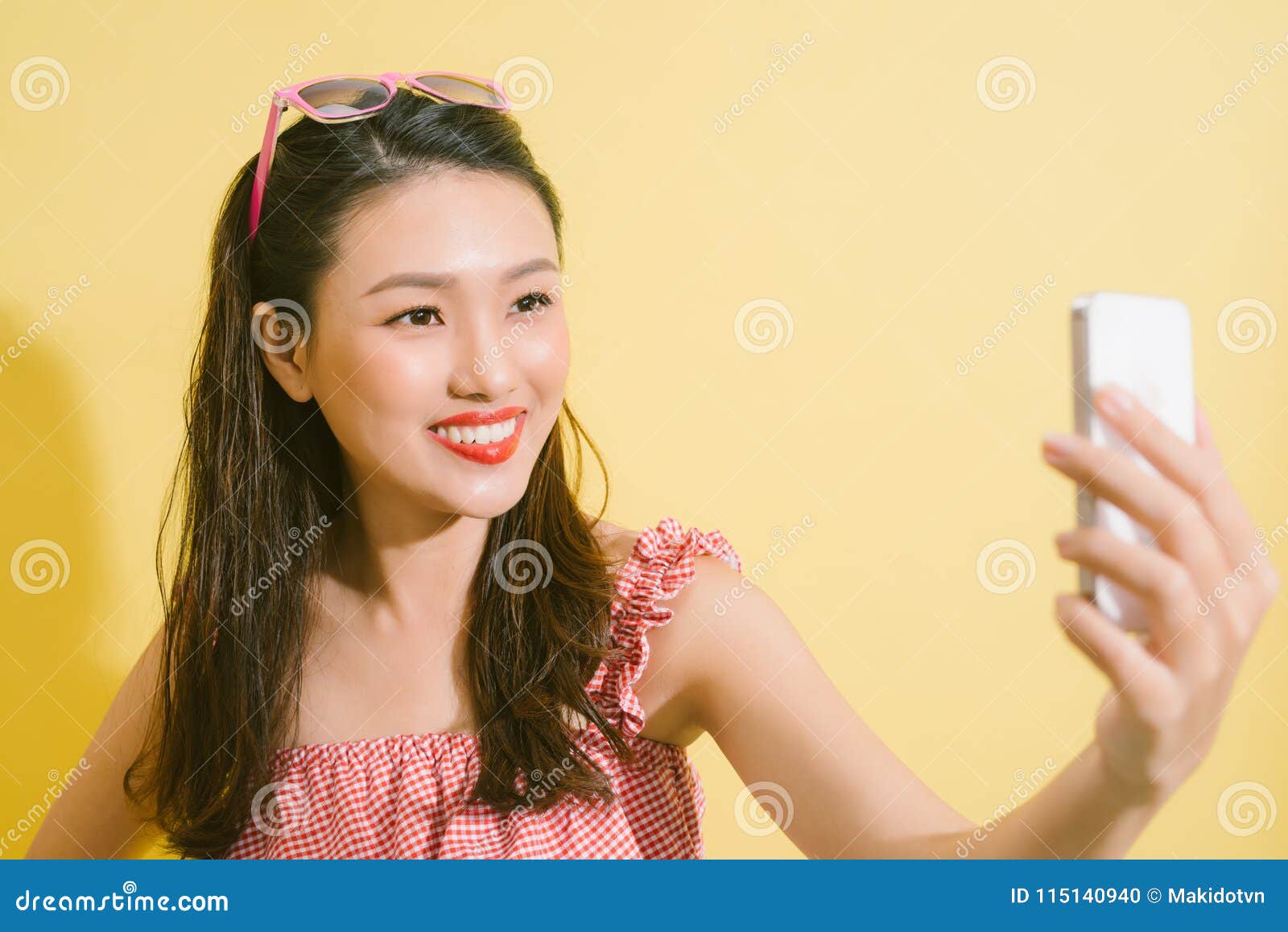 Pretty Smiling Asian Woman Using Smartphone Take Selfie Photo St Stock