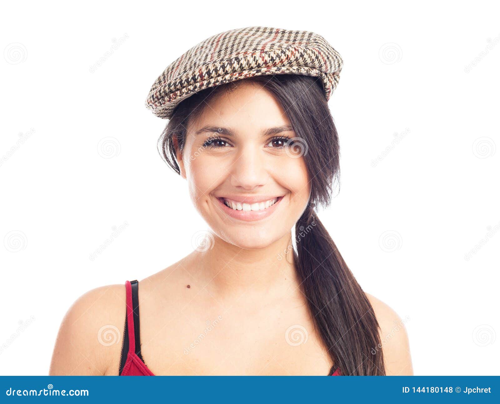 Pretty Smiling And Cheerful Brunette Woman With French Cap And Red Tank