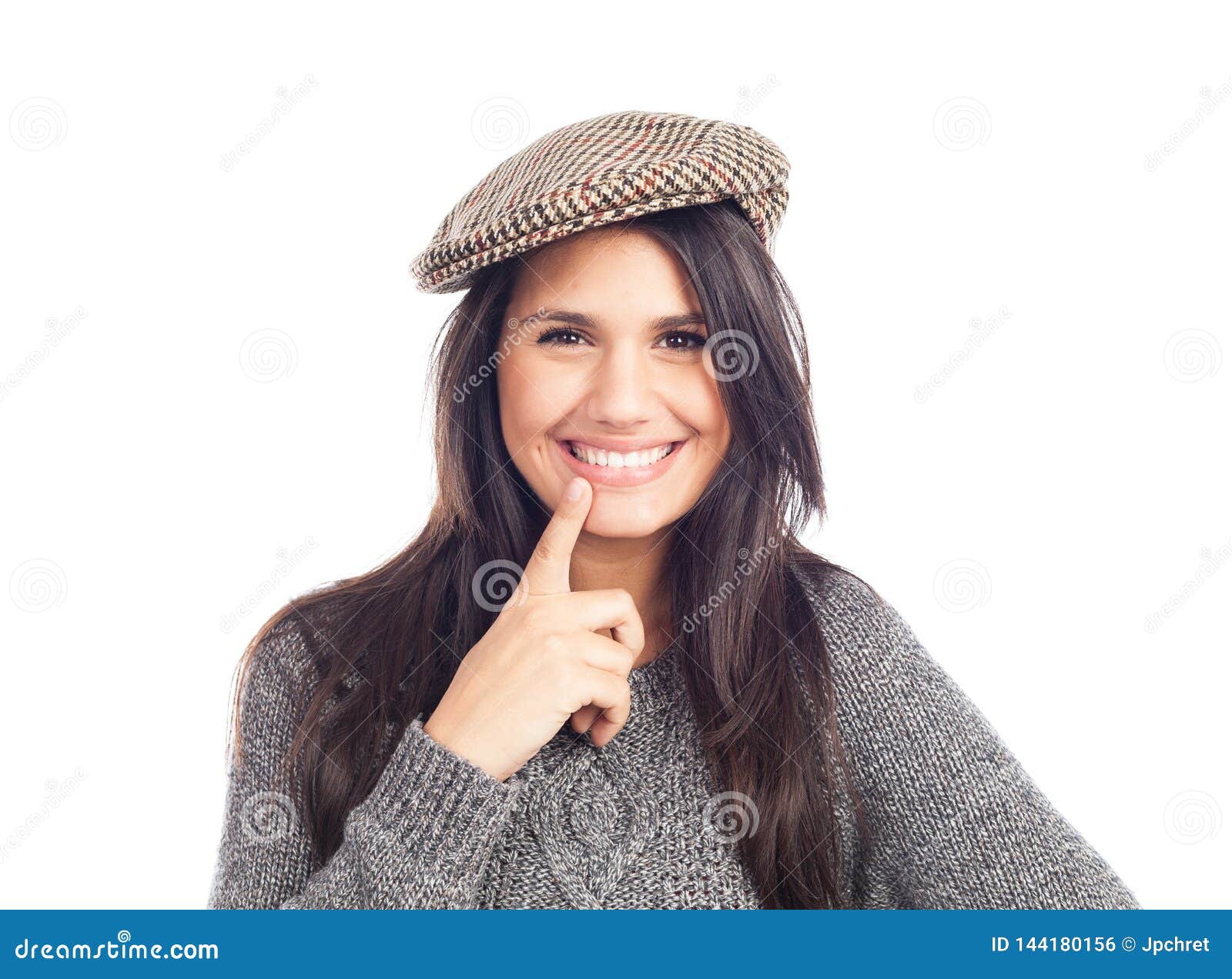 Pretty Smiling And Cheerful Brunette Woman With A French Cap And A Wool