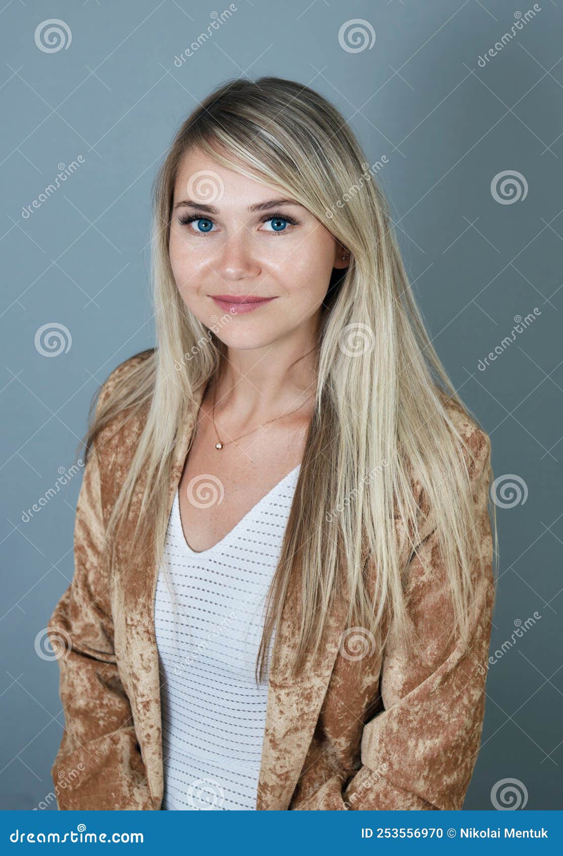 Pretty Smiling Joyfully Female with Fair Hair, Dressed Casually ... Pretty Smiling Joyfully Female with Fair Hair, Dressed Casually ...
