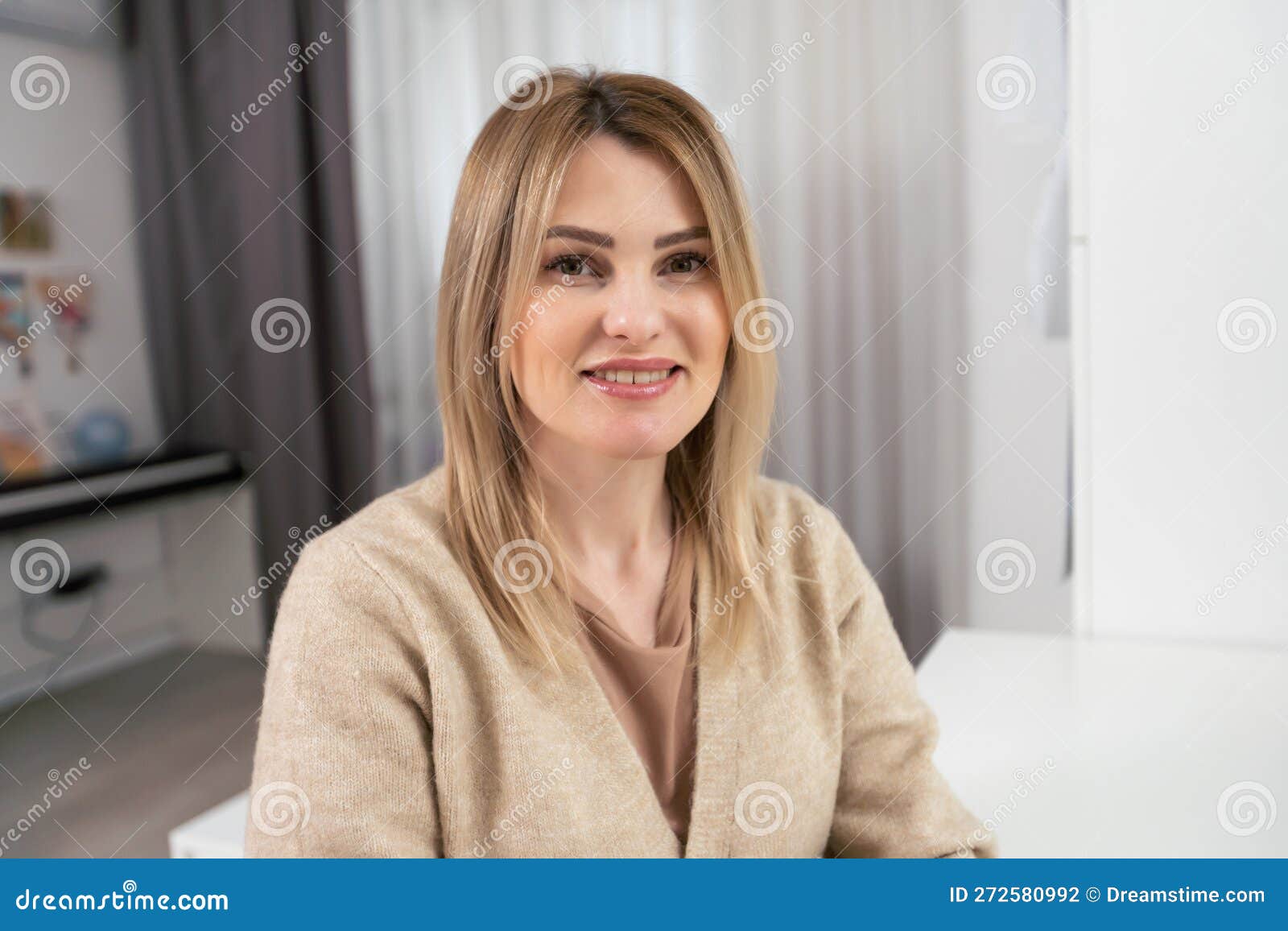 Pretty Smiling Joyfully Female with Fair Hair, Dressed Casually ... Pretty Smiling Joyfully Female with Fair Hair, Dressed Casually ...