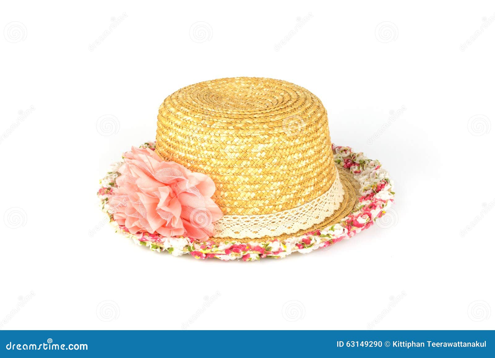 Pretty Straw Hat with Flower Isolated on White Stock Photo - Image of ...
