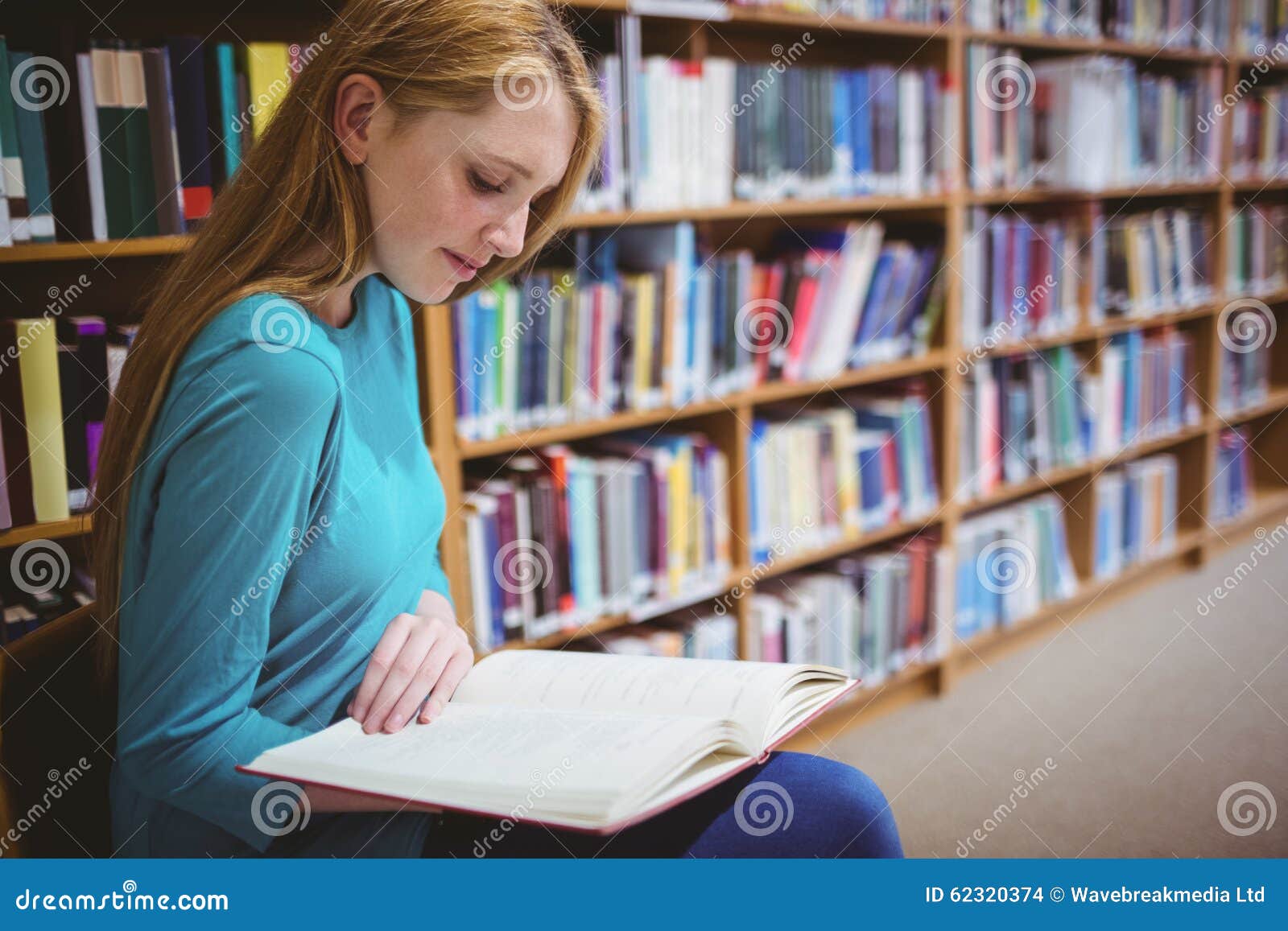 Pretty Student Sitting on Chair Reading Book in Library Stock Photo ...