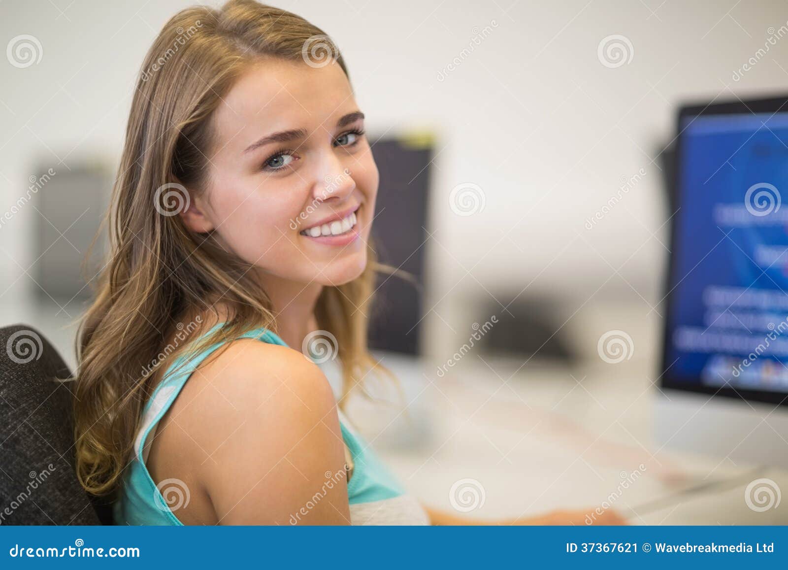 Pretty Student Smiling at Camera in the Computer Room Stock Image ...