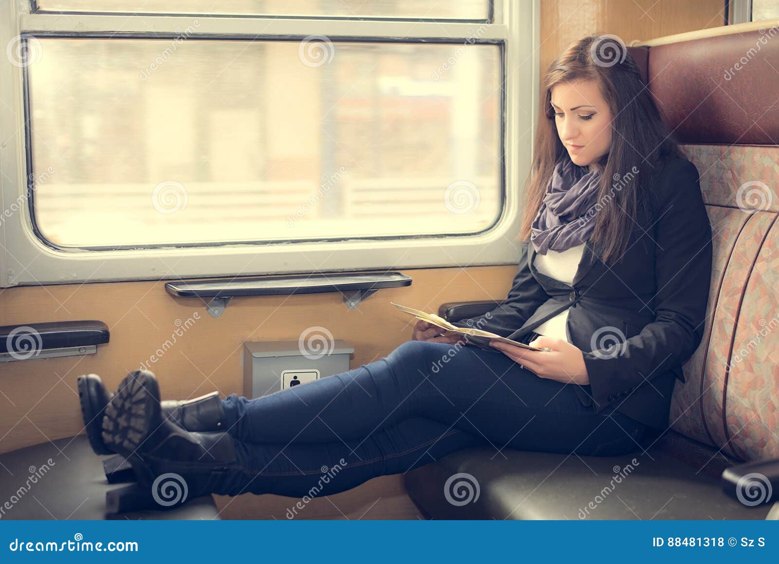 Pretty Student Woman Sitting on the Train Stock Photo - Image of ...