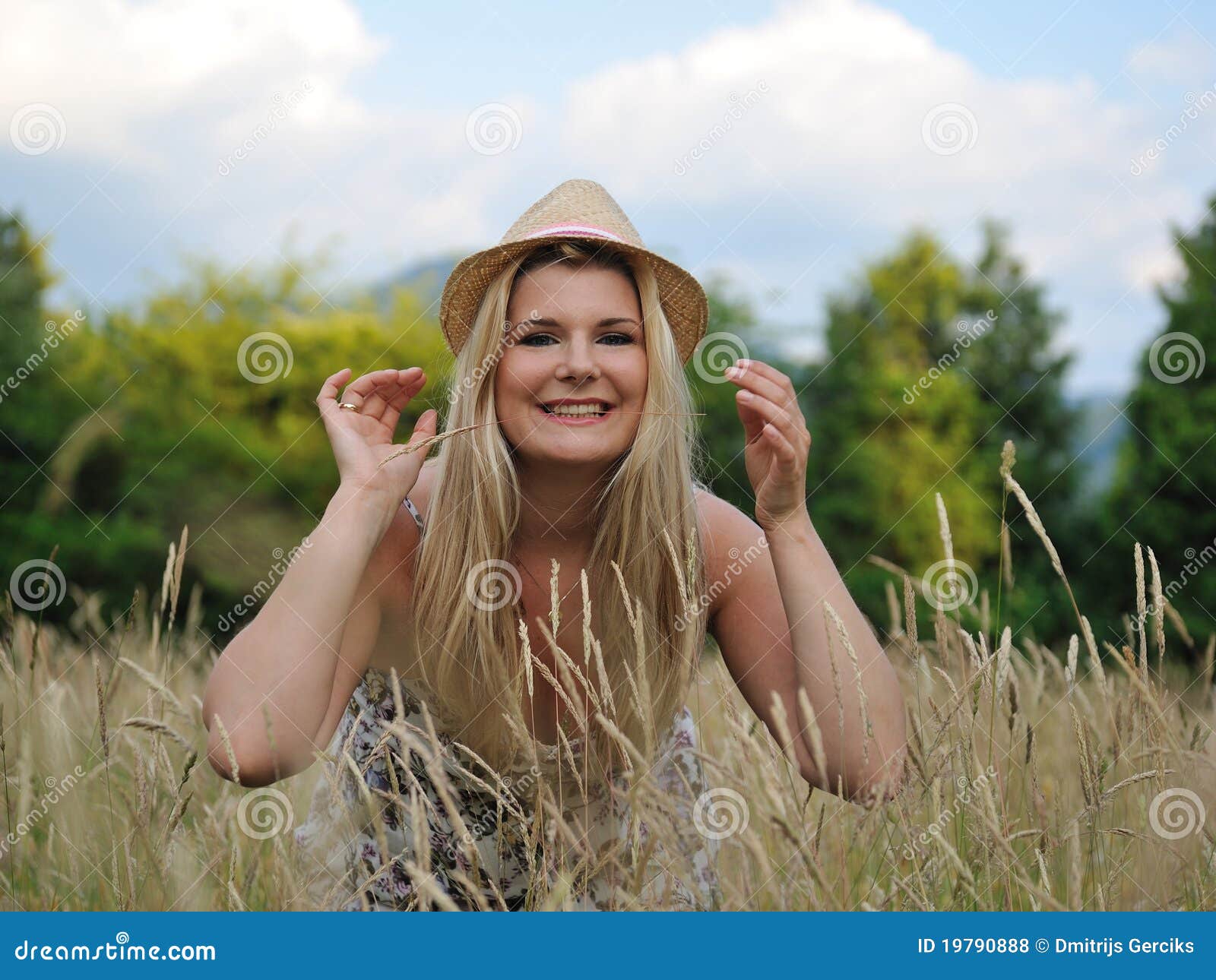 Pretty Summer Woman in Countryside Stock Photo - Image of golden ...