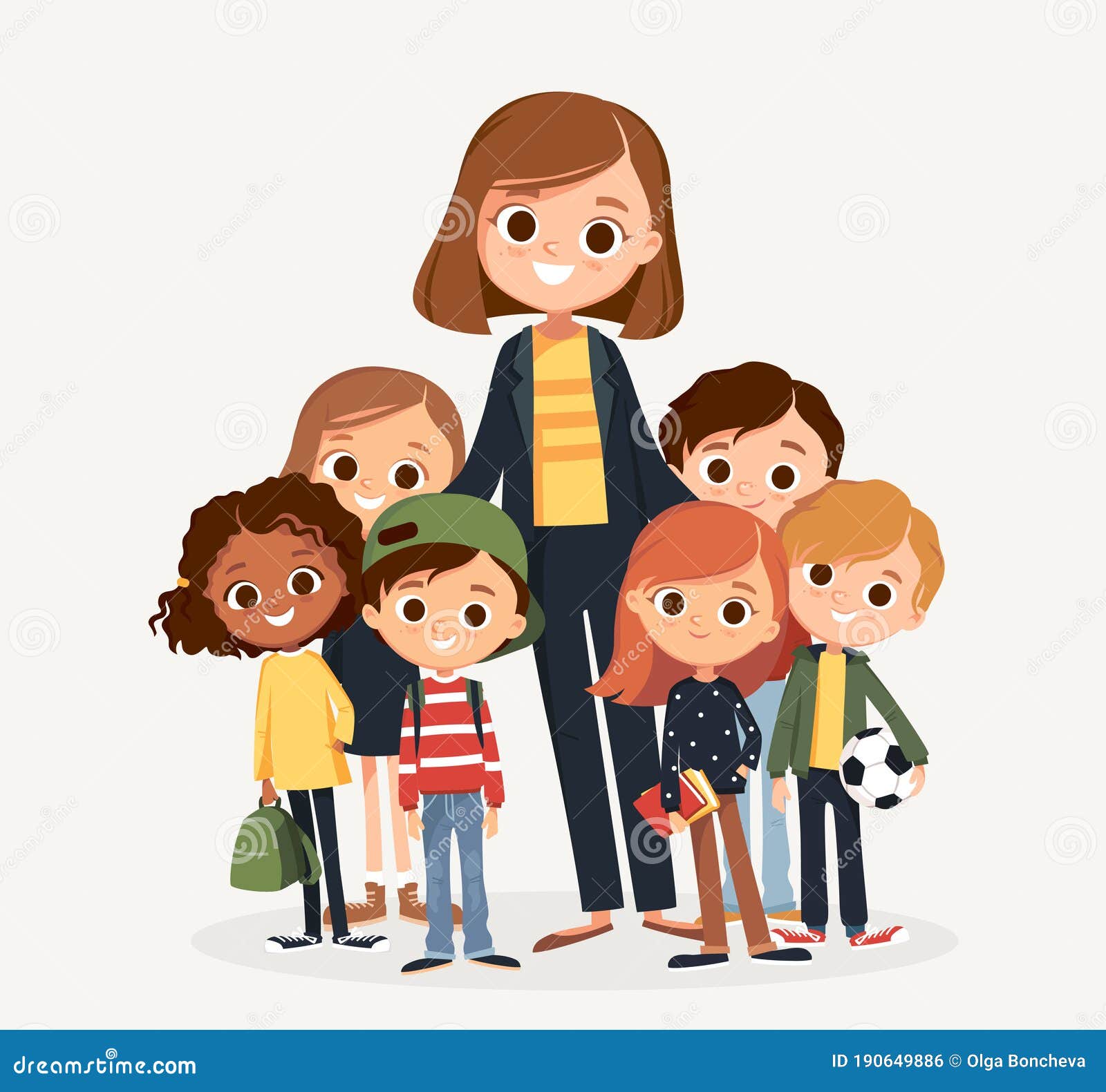 Pretty Teacher Standing With Pupils.Classmates Portrait With Teacher ...