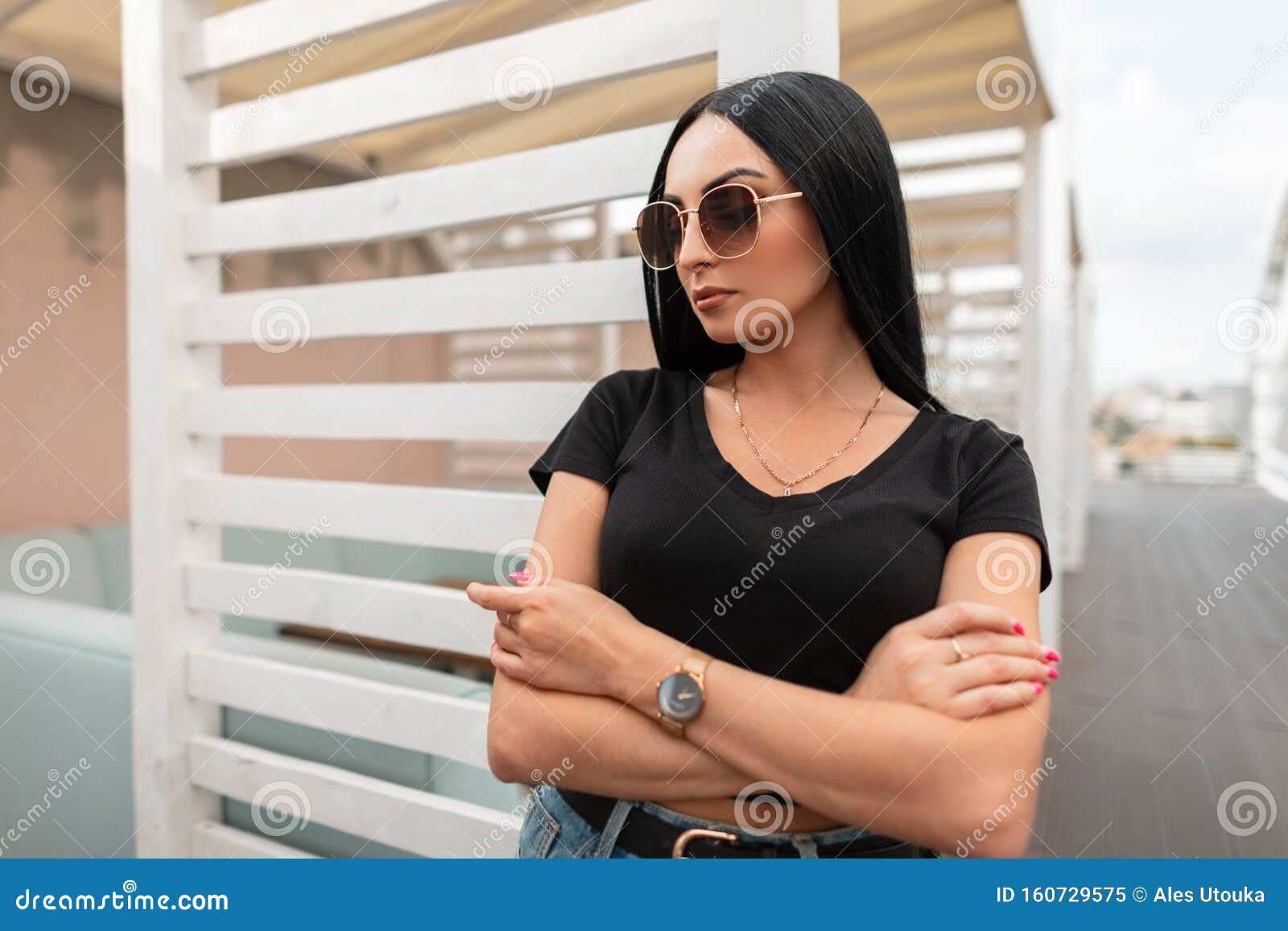 Pretty Urban Young Woman Fashion Model With Luxurious Black Hair In