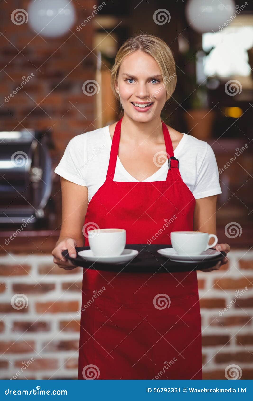 Pretty Waitress Holding A Tray With Coffees Stock Image Image Of